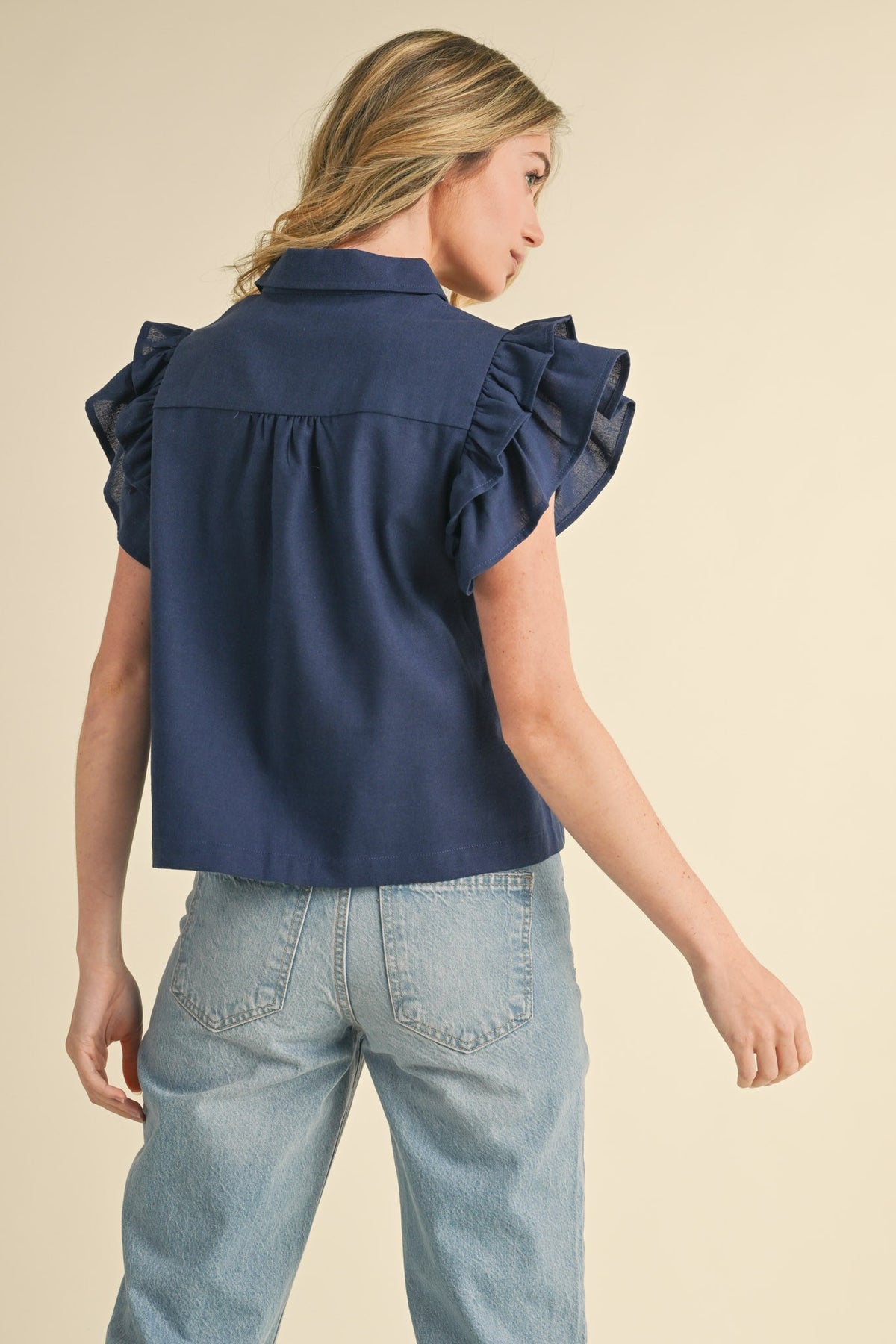 Embroidered Cut Out Button Down Top in Navy | Minette Boutique
